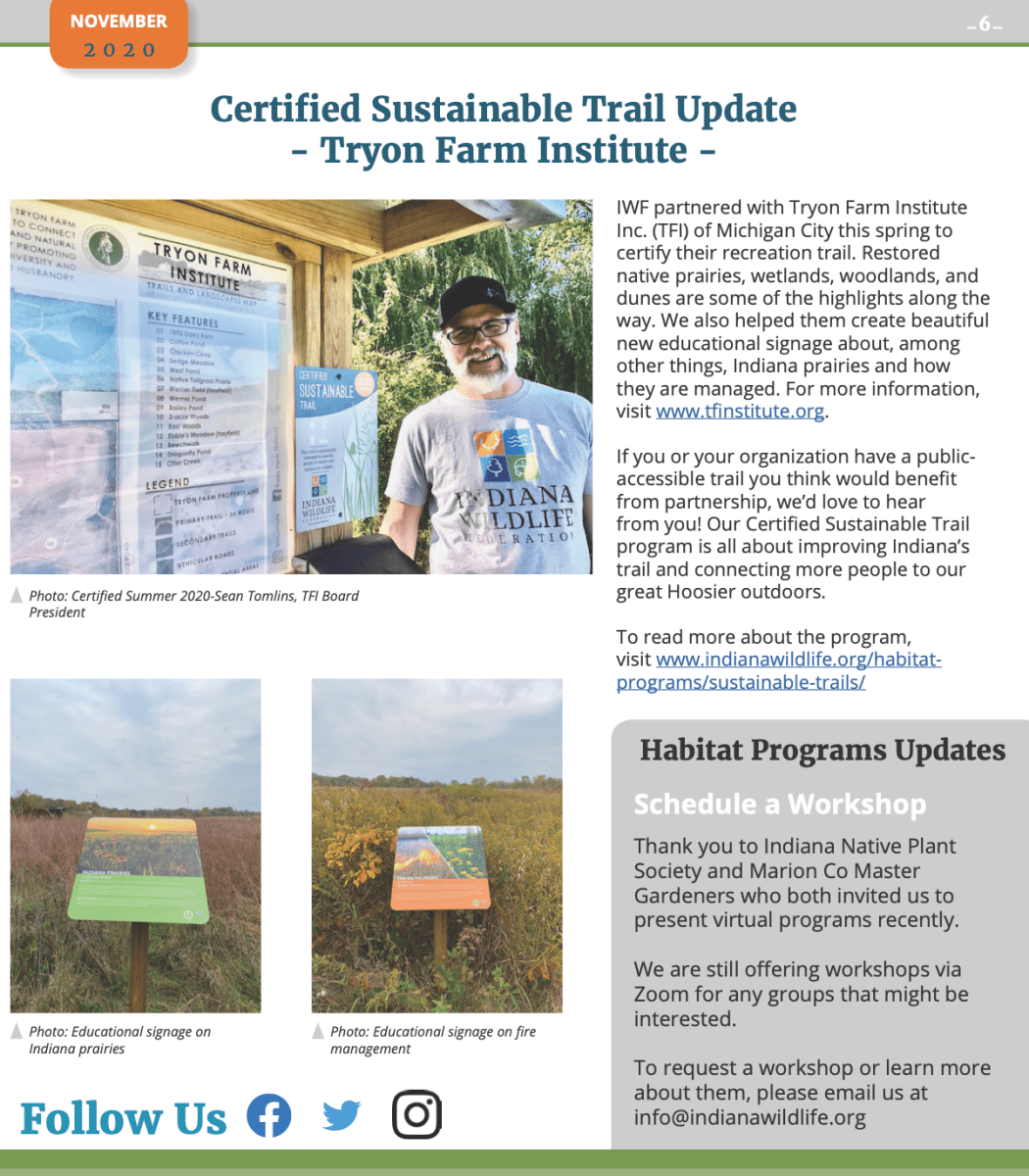 Indiana Wildlife Federation Designates TFI’s 5k trail Certified ...